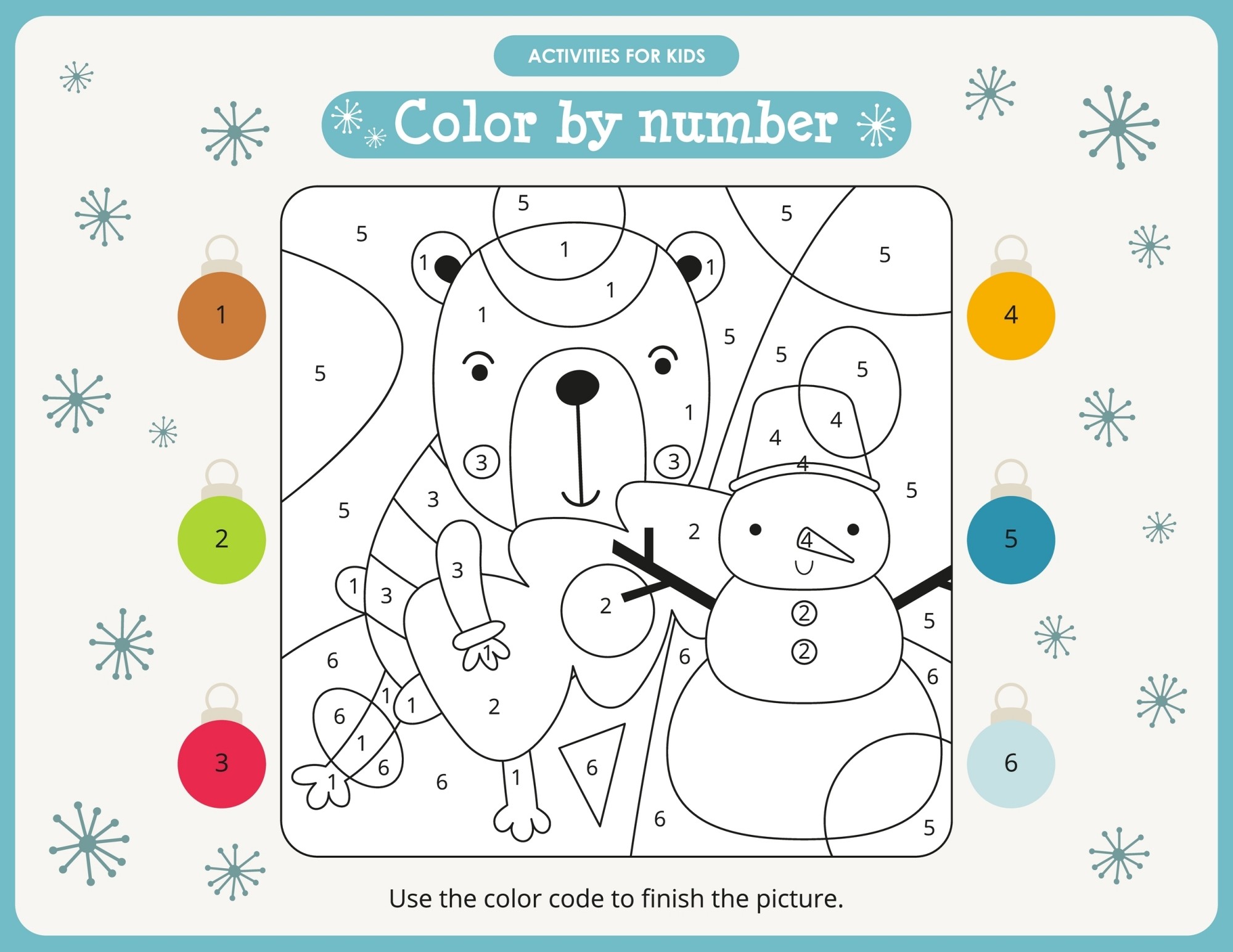 Color by Numbers: Bear with Tree and Snowman - Holly Jolly Christmas